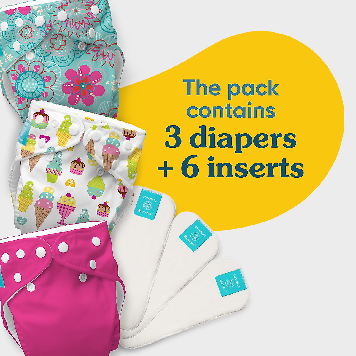 Charlie Banana Baby Premium Cloth Diaper System, Reusable and Washable, 3 Diaper and 6 Inserts, Crush, One Size