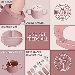 16 Pcs Baby Led Weaning Supplies Silicone Baby Feeding Set Baby Plates with Suction Baby Utensils with Divided Adjustable Bib Bowl Cutlery Snack Cup Spoons Straw 6 Months+ (Dark Pink, Dusty Pink)