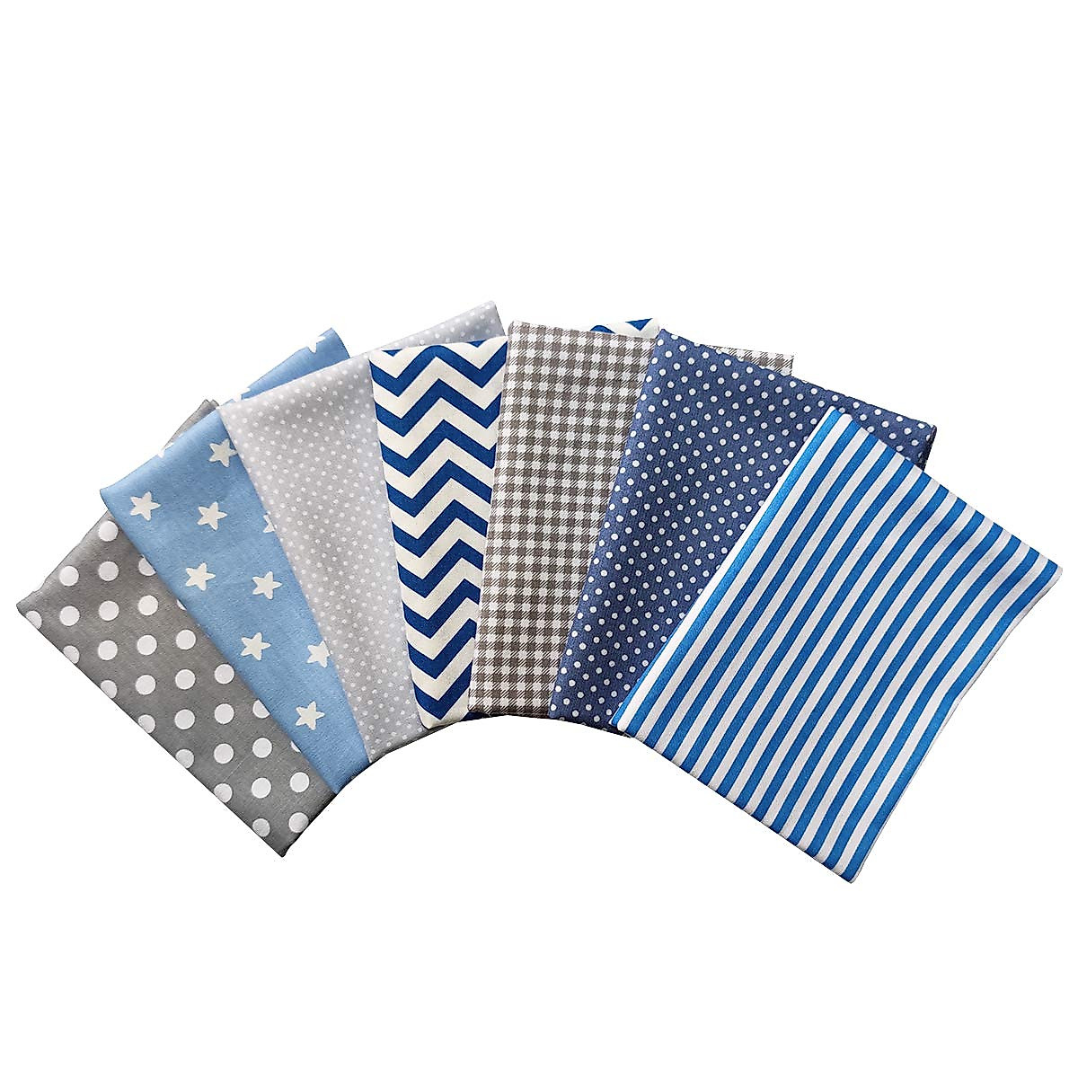 Gnognauq 7pcs Cotton Quilting Fabric, Blue Grey Fat Quarter Fabric Bundles Printed Patchwork Squares Polka Dot Wave Striped Gingham Fabric for Sewing DIY Crafts, 18 x 22 inches