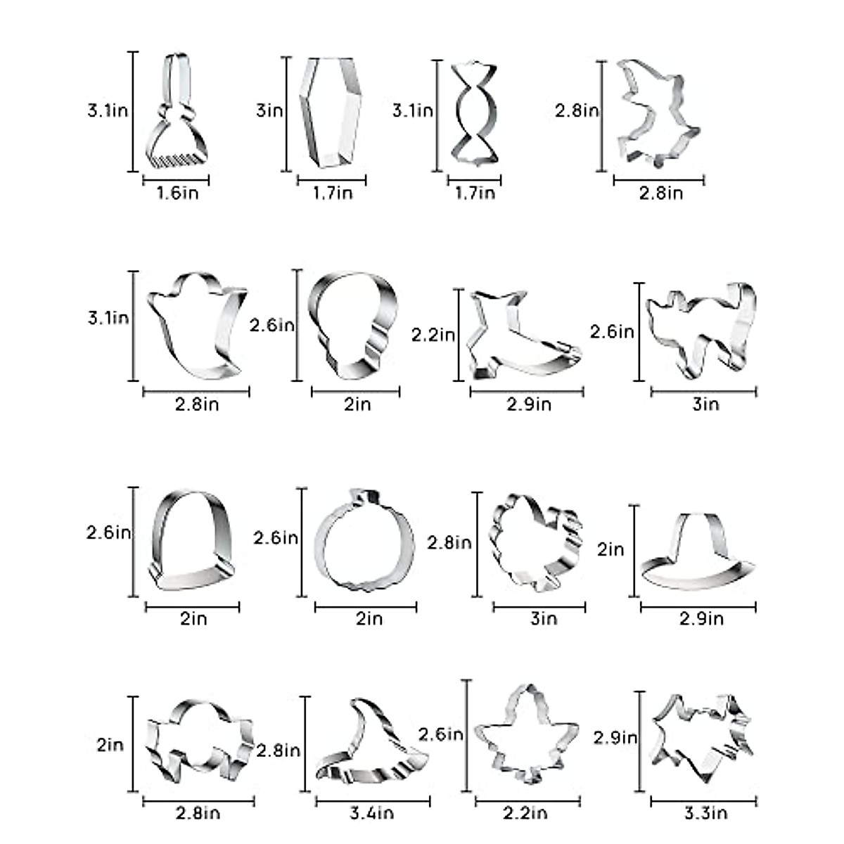 16 Pcs Halloween Cookie Cutters Large Fall Set with Decorating Instructions Stainless Steel Pumpkin Witch Hat Cat Bat Skull Ghost Spider Broom And More