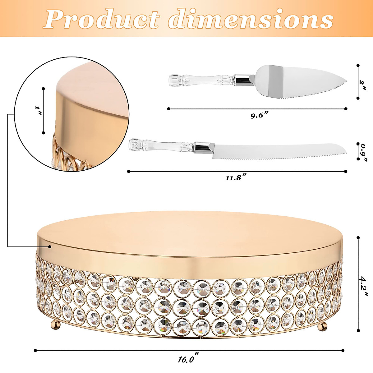 16'' Gold Cake Stand with Stainless Steel Cake Knife & Server – 3Pcs Set Luxurious Cake Holder with Crystal Beads – Multipurpose Dessert Stand Dessert Table Display for Wedding, Party, (Clear)