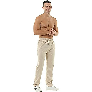HOEREV Men Casual Beach Trousers Linen Summer Pants, Beige, Large
