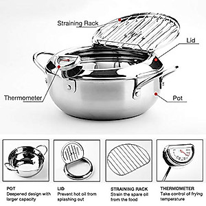 EAMATE Tempura Fry Pot, Stainless Steel Tempura Deep Fryer with Thermometer, 8 Inches, Mini Size Perfect for 2-3 People