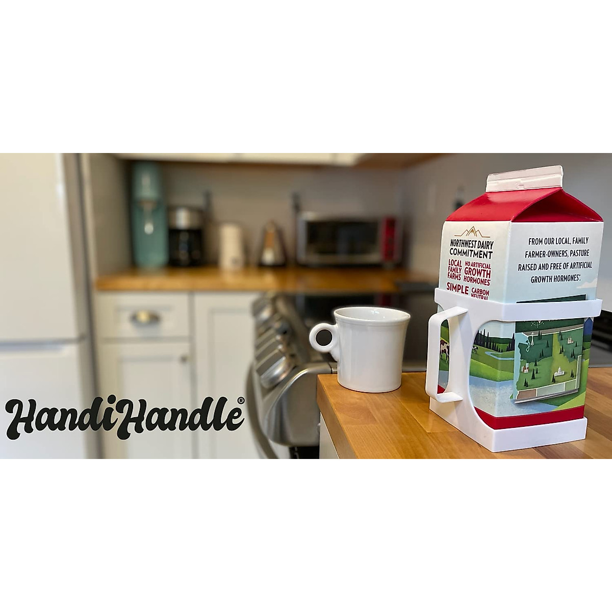 HandiHandle® Half Gallon Milk, Juice, or Beverage Carton Holder | Lightweight and Slim to Save Refrigerator Space | for Seniors, Home Kitchens, Coffee Shops, Restaurants, and Baristas. (1)
