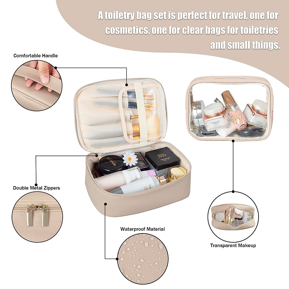 rewhaw 2Pack Travel Makeup Bag Beige Cosmetic Bags for Women Clear Toiletry Bags Cosmetic Bags for Women Make up Travel Bags Organizer for Girls,Makeup Bag Set of 2