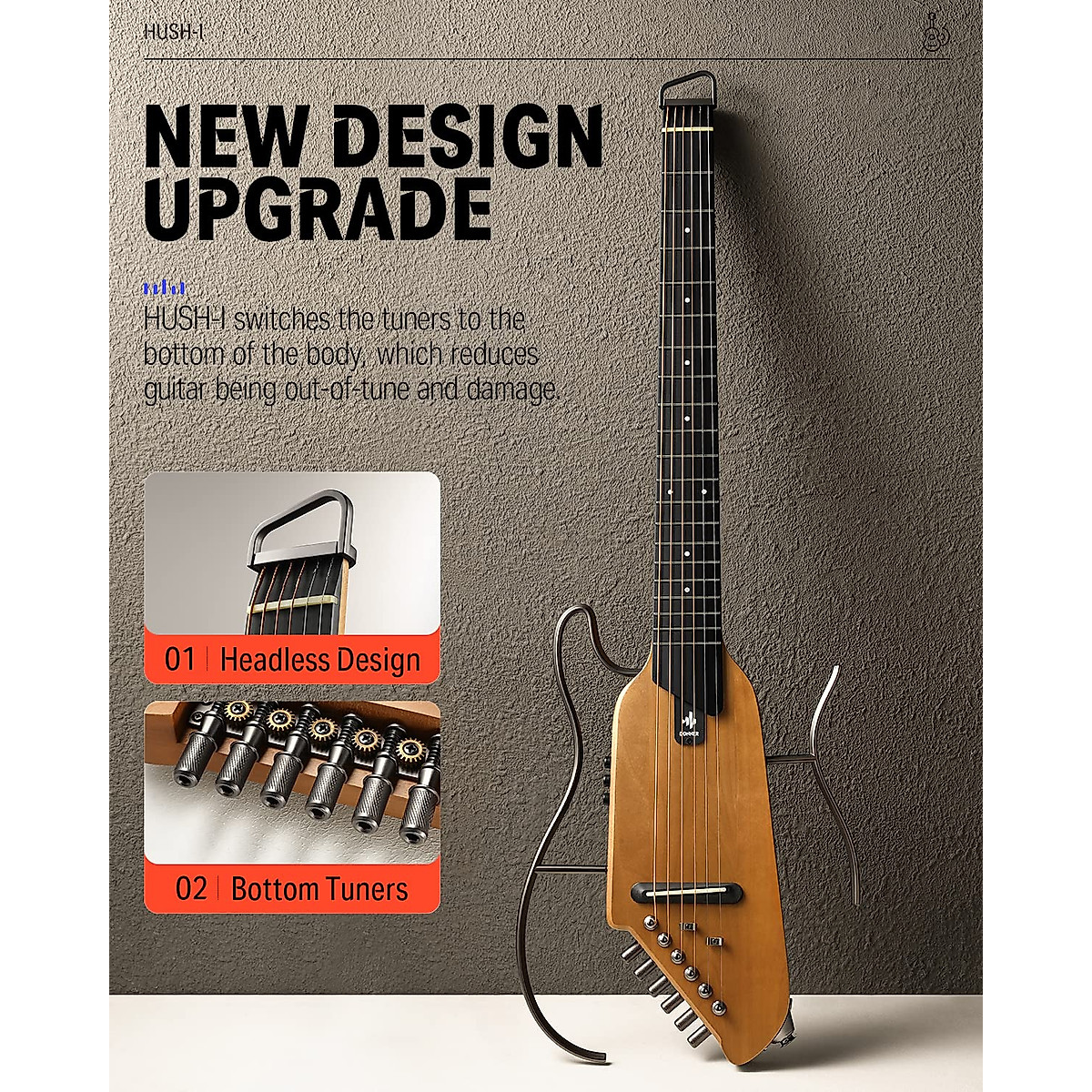 Donner HUSH-I Guitar For Travel - Portable Ultra-Light and Quiet Performance Headless Acoustic-Electric Guitar, Maple Body with Removable Frames, Gig Bag, and Accessories