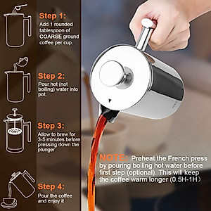 Secura French Press Coffee Maker, 304 Grade Stainless Steel Insulated Coffee Press with 2 Extra Screens, 17oz (0.5 Litre), Silver