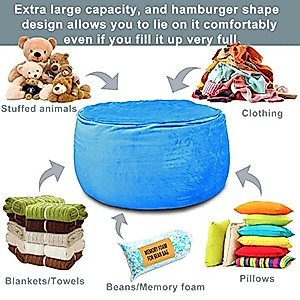 Bean Bag Chair Cover, Stuffed Animal Storage, Plush Toys Organizer Holder, Beanbag Chairs Cover for Kids Teans and Adults Super Soft and Comfortable Fabric X-Large with Handle and Zipper -Round Blue