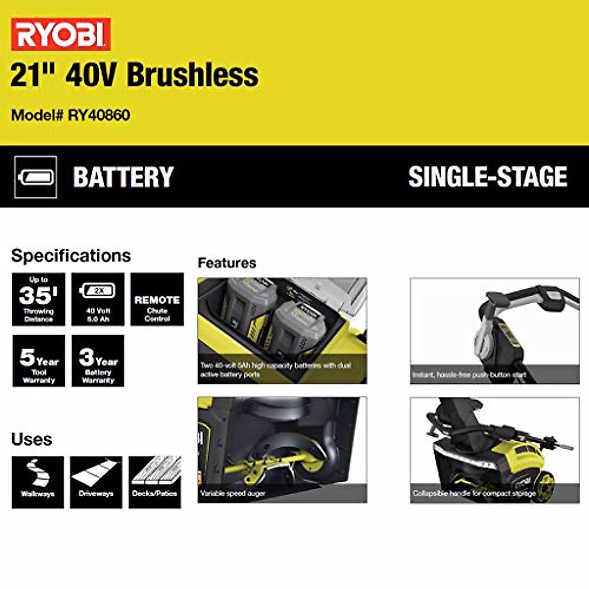 RYOBI RY40860 21 in. 40-Volt Brushless Cordless Electric Snow Blower with Two 5.0 Ah Batteries and Charger Included