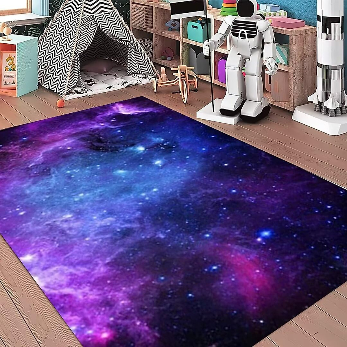 Purple Galaxy Flannel Area Rugs for Kitchen Dining Room Washable Starry Sky 3D Print Carpets Outer Space Floor Mats for Playroom Bedroom Pads,4'×6'