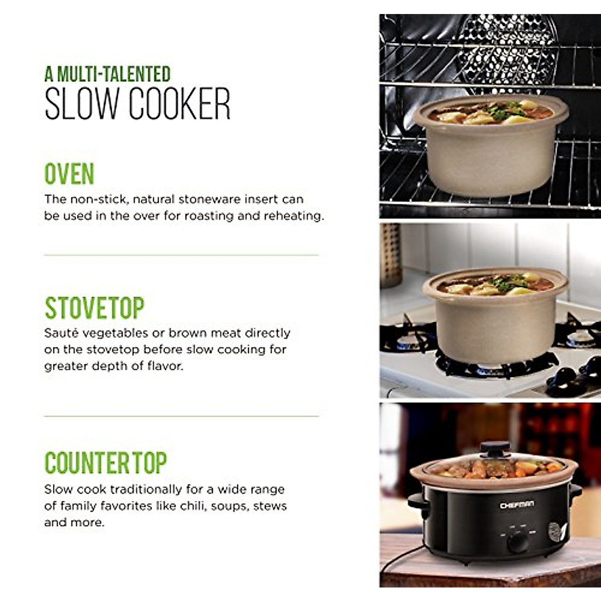Chefman 5 Qt. Slow Cooker, All-Natural, Glaze & Chemical-Free Pot , Stovetop or Oven Cooking, Dishwasher Safe Crock; Naturally Nonstick & Paleo-Friendly, Low-Lead Stoneware, Bonus Recipes Included