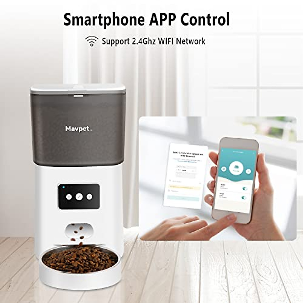 Mavpet 6L Automatic Cat Feeder, 2.4G WiFi Enabled Smart Dry Food Dispenser for Cat and Dog, Detachable Pet Feeder with Stainless Steel Bowl, APP Control, 10s Voice Recording, Up to 15 Meals Per Day