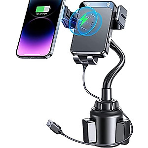 Wireless Car Charger, Cup Holder Wireless Charger, Tollefe 15W Qi Fast Charging Phone Holder, Auto Clamping Height Adjustable Non-Shaking Phone Mount for iPhone 14 13 12 Pro Max X XR, Samsung S22 S21