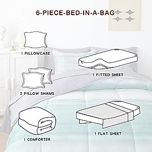 Joyreap 6 Piece Bed in a Bag Twin, Light Gray Stripes Reversible Design, Microfiber Comforter Set for All Season- 1 Comforter, 2 Pillow Shams, 1 Flat Sheet, 1 Fitted Sheet, 1 Pillowcase