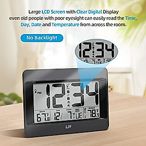 LFF Atomic Clock,Digital Wall Clock Battery Operated,Desk Alarm Clock with Indoor & Outdoor Temperature, Date,Large Display,Wireless Outdoor Sensor, Clock for Bedroom,Living Room,Office,Auto DST