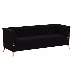 Tomkate Chesterfield Sofa, 82" Velvet Upholstered 3 Seater Couches with Flared Arms and Removable Cushions, Mid-Century Modern Sofa Couch with Solid Wood Frame and Gold Legs for Living Room (Black)