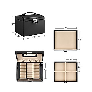 SONGMICS 3-Tier Jewelry Box, Travel Jewelry Case with Handle, 2 Drawers, Lockable Jewelry Organizer with Mirror, Jewelry Storage, Modern Style, Gift for Loved Ones, Black UJBC154B01