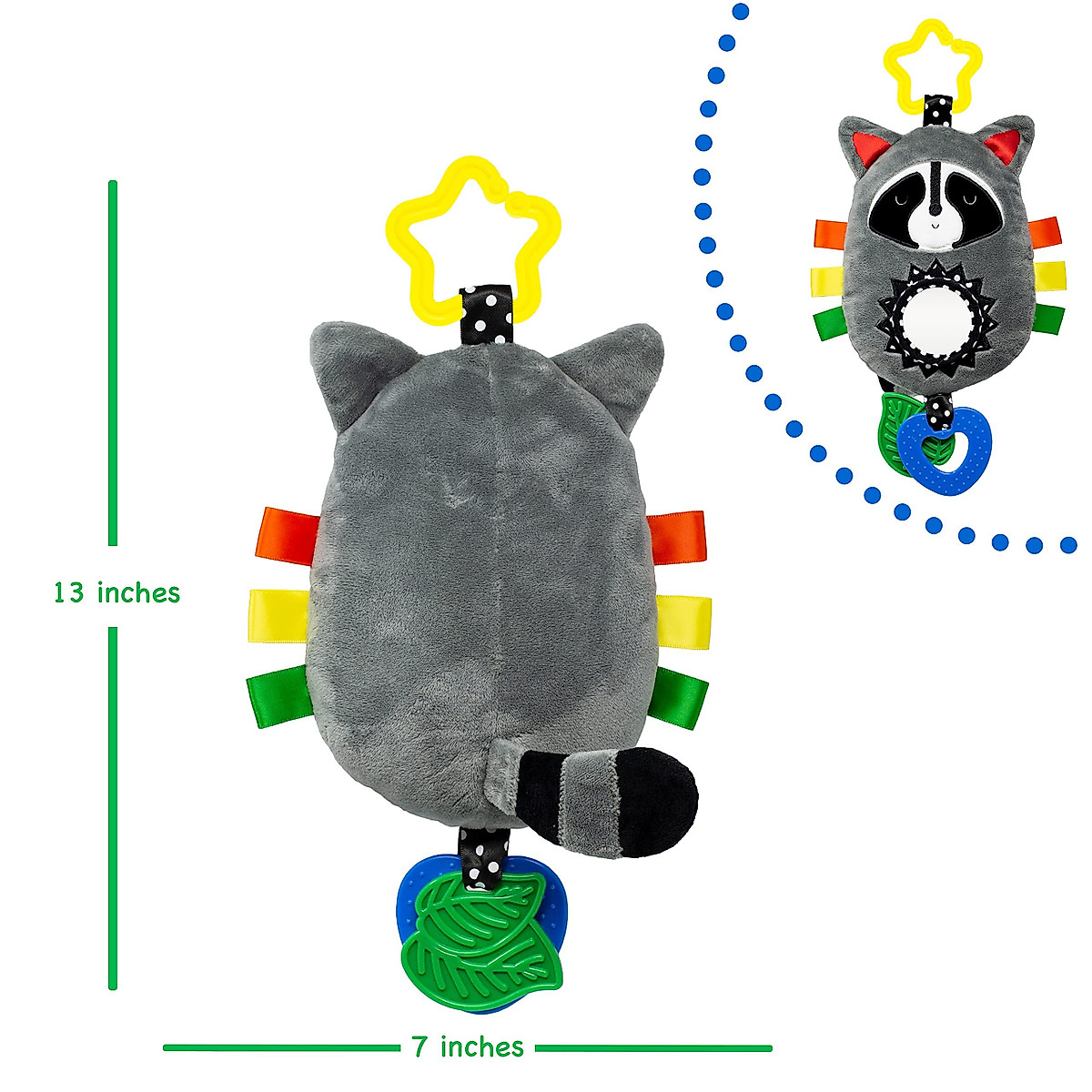 Kalianii Squish 'N Play Raccoon Activity Toy- Multi-Sensory Learning Baby Toy - Stroller Toy, Car Seat Toy, Tummy Time Toy, Teether Toy, Baby Gift - with Mirror, Rattle & Taggies