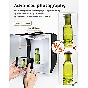 Glendan Light Box Photography, 10"x10" Photo Box with 88 High Color Rendering Index LED Lights, 6 Color PVC Backdrops, 4 Reflection Boards and 1 Diffuser for Jewelry and Small Item Product Photography