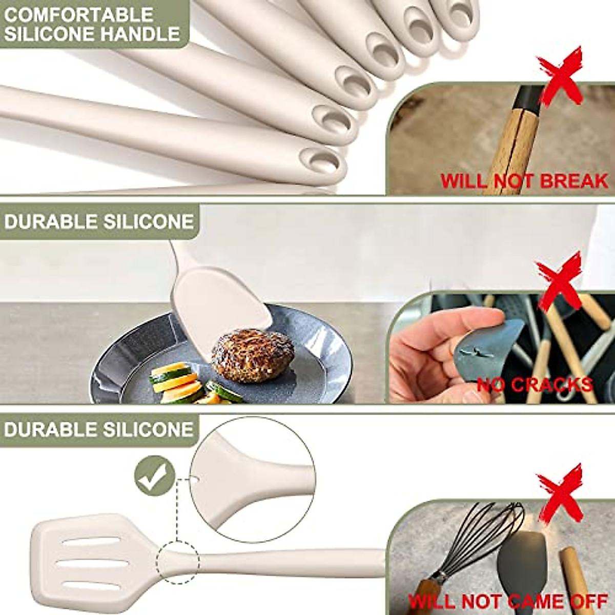 Silicone Kitchen Cooking Utensil Set, Fungun 25 Pcs Kitchen Utensils with Spatula, Spoon, Turner Tongs, Khaki Heat Resistant Kitchen Gadgets Tools Set for Nonstick Cookware (Dishwasher, BPA Free)