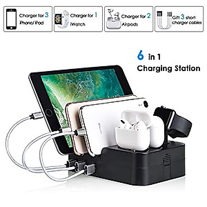 Charging Station for Multiple Devices 6 Port 30W MUZHI Fast Multi USB Charger Station Dock HUB Desktop Wall Charge Stand Organizer for iPad iPhone Airpods iwatch Kindle Tablet Smart Cell Phones Black