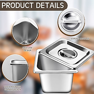 Baderke 4 Pack Stainless Steam Hotel Pans with Lids, 1/6 Sixth Size x 6 Inch Deep, 0.7 mm Thick 304 Stainless Steel Hotel Pan Anti Steam Table Pan for Food Warmer Cooking Heat