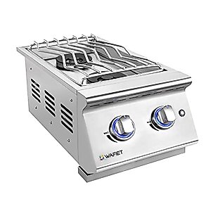 WAFIET Built-in Double Grilling Side Burners with Lid for Outdoor Kitchen BBQ Island, 304 Stainless Steel, 15,000BTU Liquid Propane/Natural Gas Grill with Drip Tray - LPG/NG Convertible