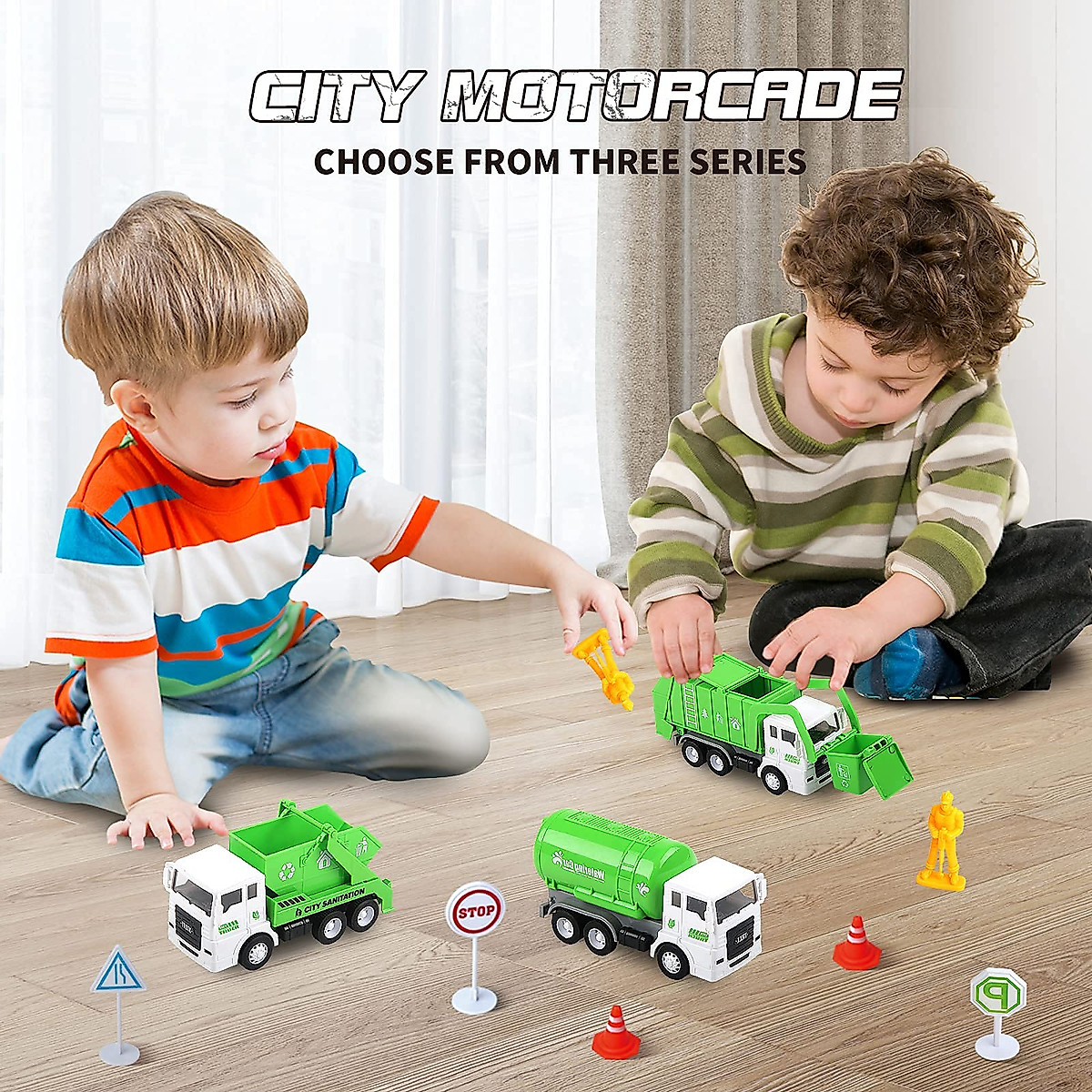 FIVEDAOGANG Toy Vehicles Set 3 Pack Sanitation Truck Car Model Garbage Trucks Water Tanker Playset with 8 Signpost Friction Power for Boys Age 3+ Toddlers Kids Holiday Birthday Gift Children