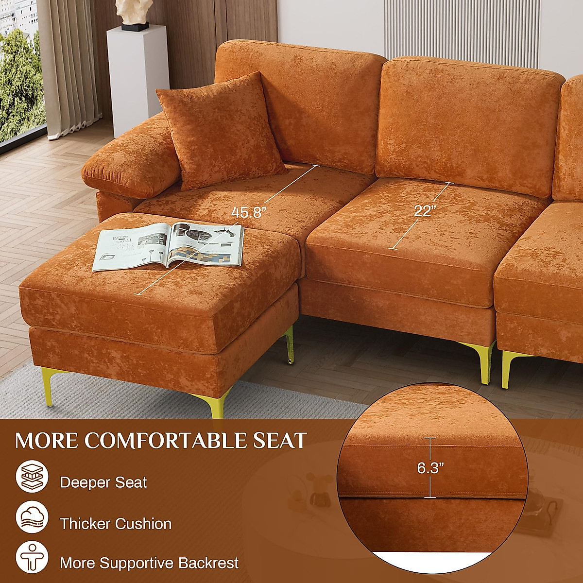 Wrofly L Shaped Sectional Sofa Couch, 88.5" Comfy Upholstered Velvet 3 Seat Sofa Set with Convertible Ottoman & 2 Pillows, Modern Deep Seat Cloud Couch for Living Room Office Apartment, Orange