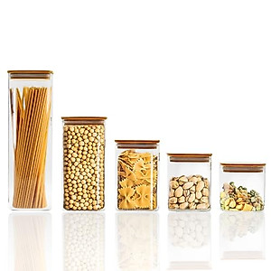 XHKDSYMC 5 Pack Glass Food Storage Jars, Clear Glass Canister Food Jar with Bamboo Wooden Lid Food Storage Container for Sugar, Pasta, Snack, Coffee Beans, Cookies, Nuts, Coffee Beans