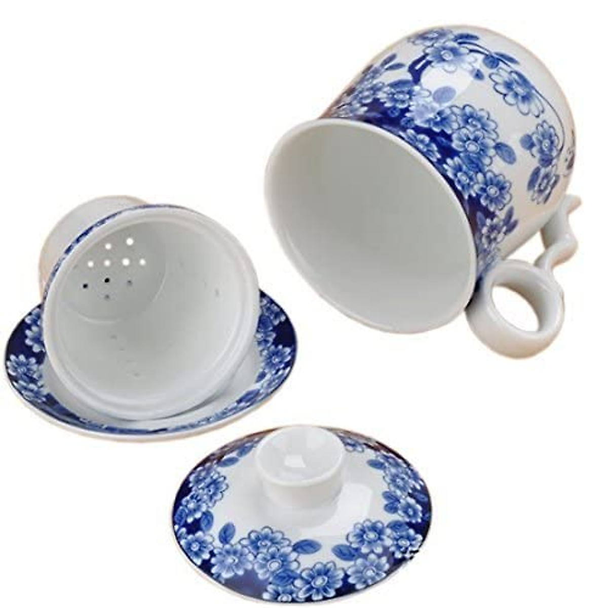 BandTie Convenient Travel Office Loose Leaf Tea Brewing System-Chinese Jingdezhen Blue and White Porcelain Tea Cup Infuser 4-Piece Set with Tea Cup Lid and Saucer (Butterfly Flower Pattern)