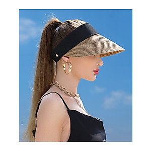 Women Wide Brim Straw Visor Sun Hat UV Protection Packable Beach Cap for Summer UPF 50+(Khaki)