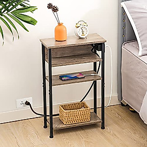 AMHANCIBLE Narrow Side Table with Charging Station, Slim End Table Set of 2, 4 Tier Sofa Table with Storage Shelf, for Small Spaces, USB Ports & Power Outlets, Metal Frame HETN04GY