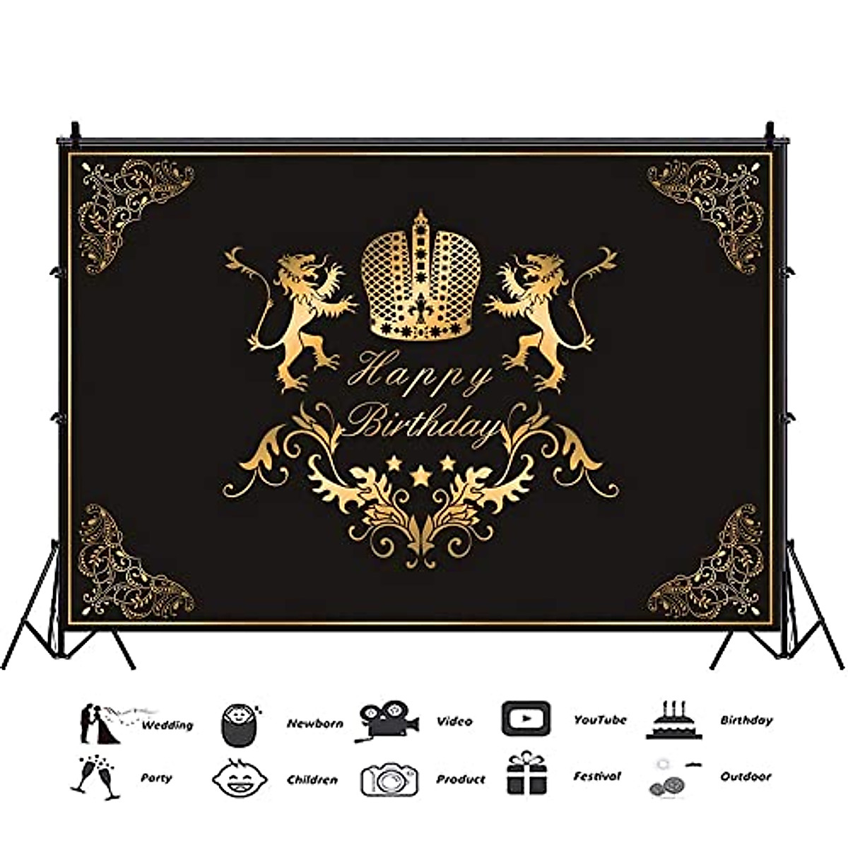 CSFOTO 7x5ft Polyester Happy Birthday Backdrop for Men Black Gold Birthday Banner Lion Birthday Backdrop King Crown Backdrop Lion Birthday Party Supplies Men Birthday Background