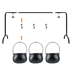 HOMSHIAM Halloween Decorations,Set of 3 Witches Cauldron Serving Bowls on Rack with Shelf and String Lights -Black Plastic Candy Bucket Cauldron for Halloween Decor Indoor Outdoor Home Kitchen