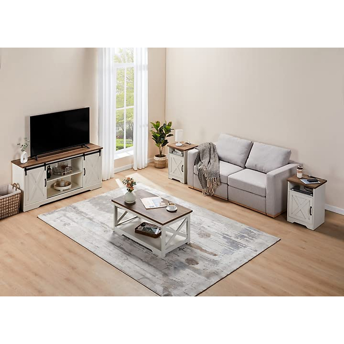 AMERLIFE 4-Piece Farmhouse Table Set Includes Sliding Barn Door TV Stand, Coffee Table& Two End Tables, Side Table with Charging Station and USB Ports, for Living Room, Bedroom, Distressed White, 59‘