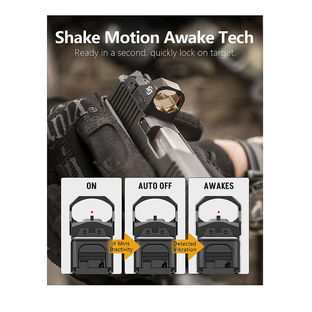 MidTen S01 Shake Motion Awake Red Dot Sight for RMR, Adapter for GL MOS & Picatinny Included, 3 MOA Pistol Scope Optics Sight for Full Size Handgun, 28mm Large Aspheric Lens 1500G Shockproof