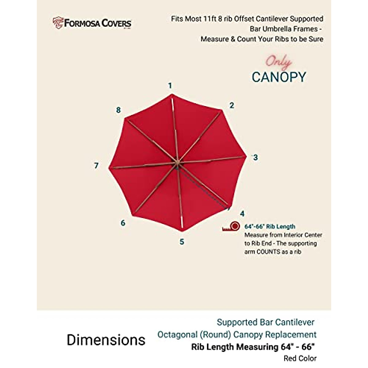 Formosa Covers Replacement Umbrella Canopy for 11ft Supported Bar Cantilever Market Outdoor Patio Shade in Red (Canopy Only) (11ft 8 ribs)