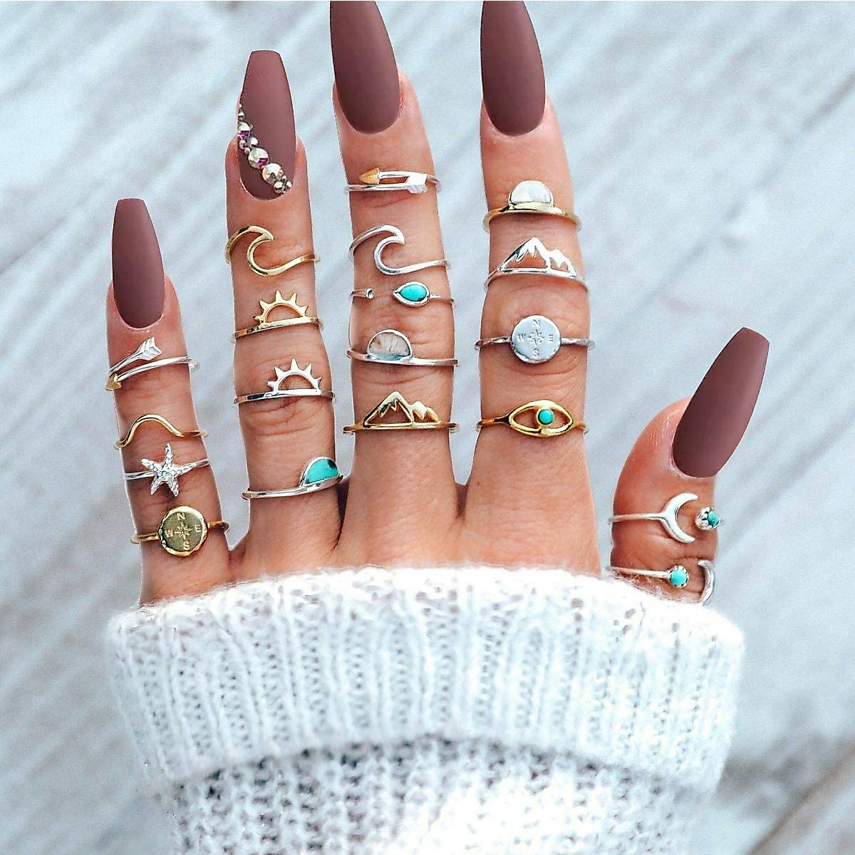 YOOESTORES82 Boho Stackable Ring Set for Women.Turquoise Star Moon Knuckle Rings Midi Finger Rings Set Retro Wave Peak Sea Stacking Joint Ring Sets
