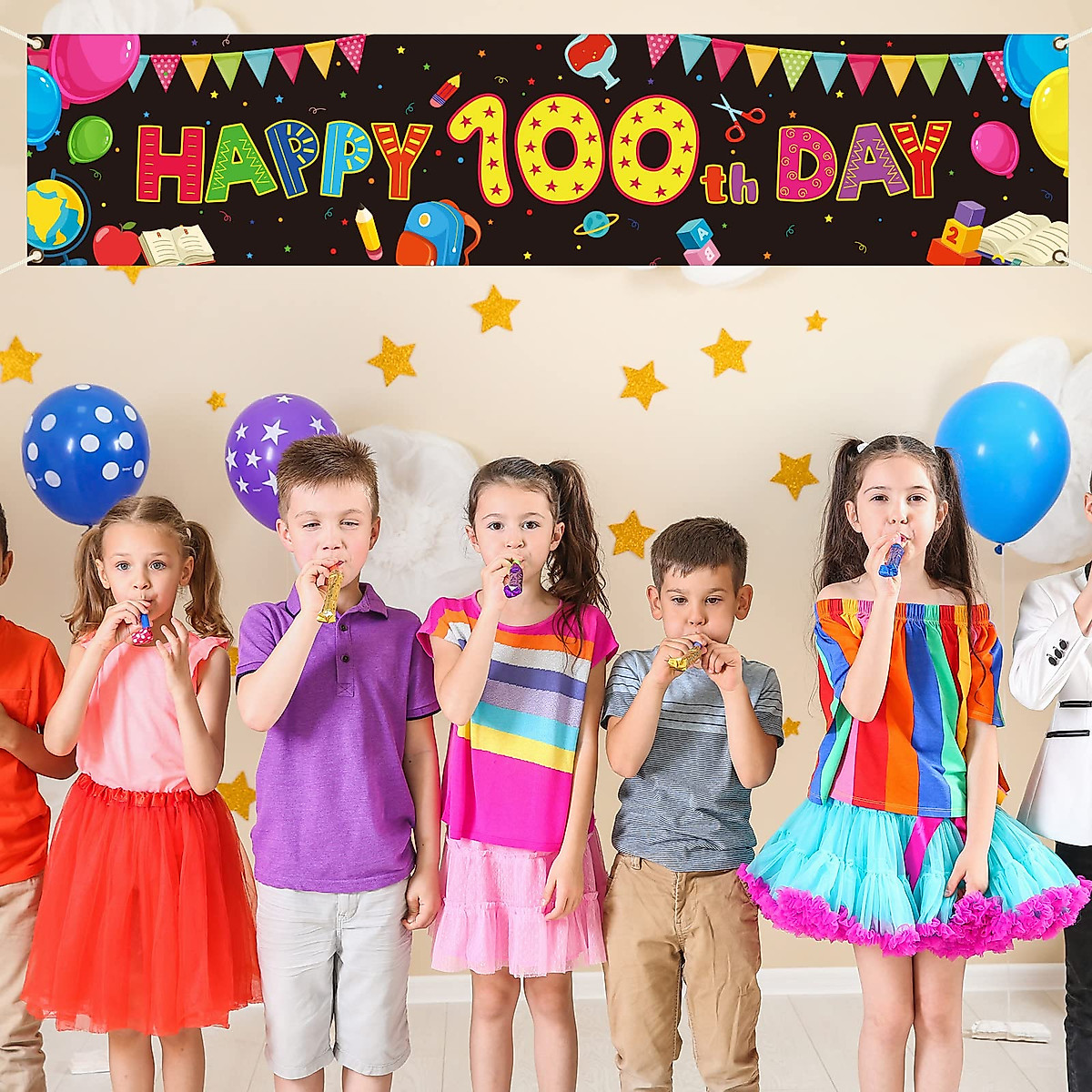 100th Day of School Banner Decoration Outdoor Happy 100 Days Banner Backdrop Sign for Kindergarten Preschool Primary School 100th Day Party Favor Supplies
