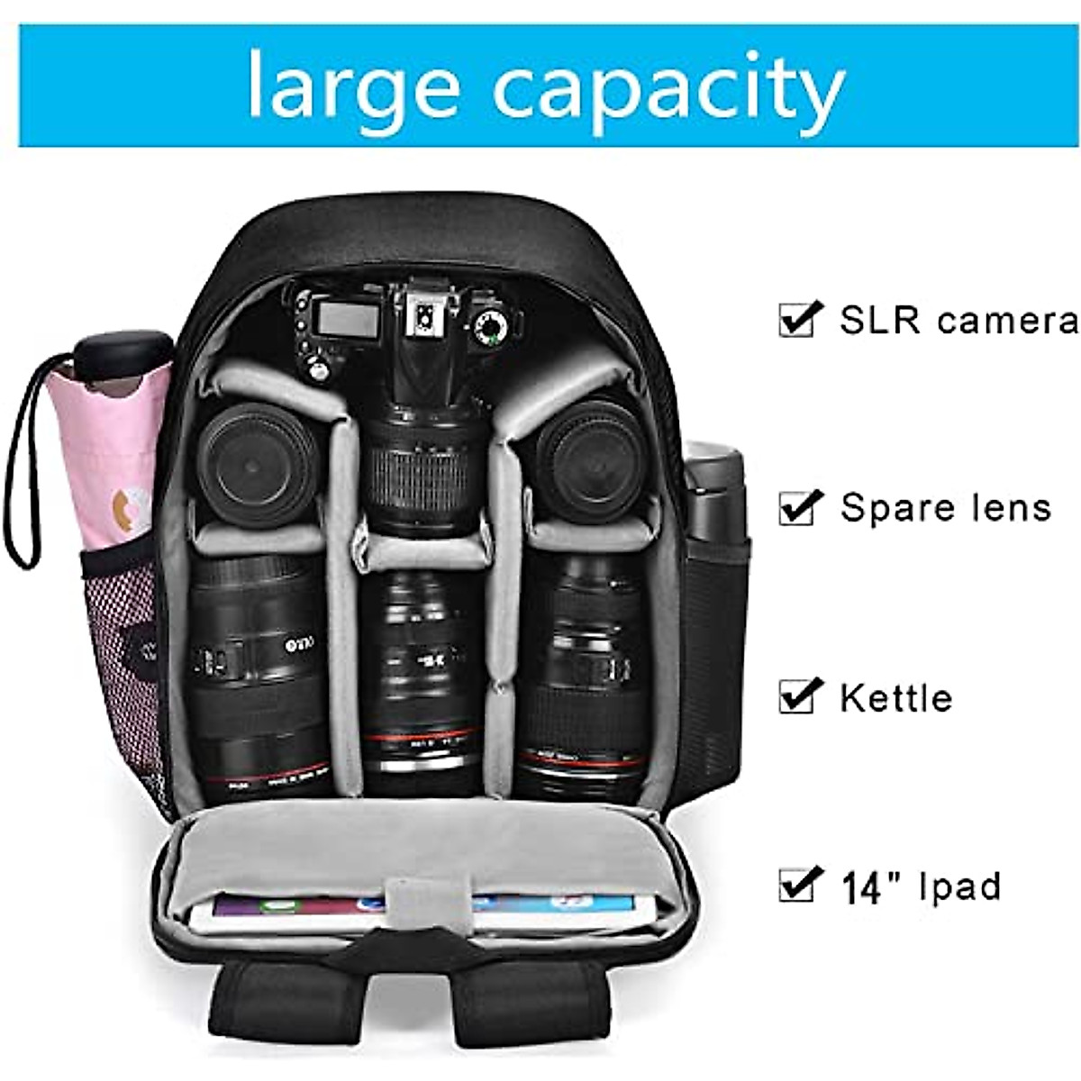 CADeN Camera Backpack Bag for DSLR/SLR Mirrorless Camera Waterproof with 14 inch Laptop Compartment, USB Charging Port, Tripod Holder, Rain Cover, Camera Case Compatible for Sony Canon Nikon Black S