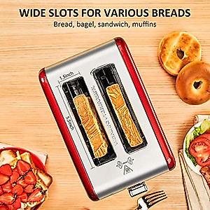 REDMOND 2 Slice Toaster Stainless Steel Toaster Wide Slots with Bagel Defrost Cancel Function 6 Bread Shade Settings for Bread waffles Auto Shutoff Red