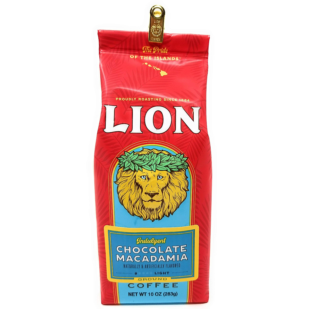 Lion Coffee CHOCOLATE MACADAMIA, Ground, Light Roast, 10 Oz. Bag with Exclusive Lion Coffee Factory Direct Brand Registered Sticker, INDULGENT
