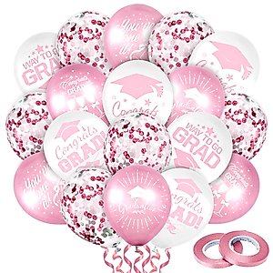 Whaline 60Pcs Graduation Party Balloon Set 7 Designs Confetti Latex Balloon with 2 Rolls Ribbon Grad Cap Congrats Grad Balloon for Graduation Party Decoration Supplies (Pink, White)