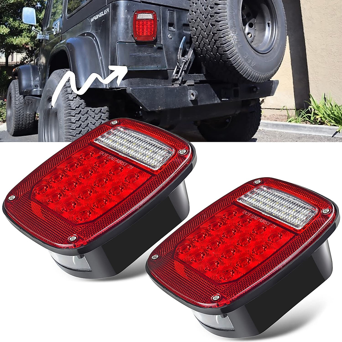 LIMICAR RV Tail Lights, Square 43 LED Trailer Lights, 2PCS Red/White Trailer Light Kit, Stop Turn Back up Reverse Tail Lights w/License Plate Light for Truck Trailer Jeep YJ TJ JK CJ
