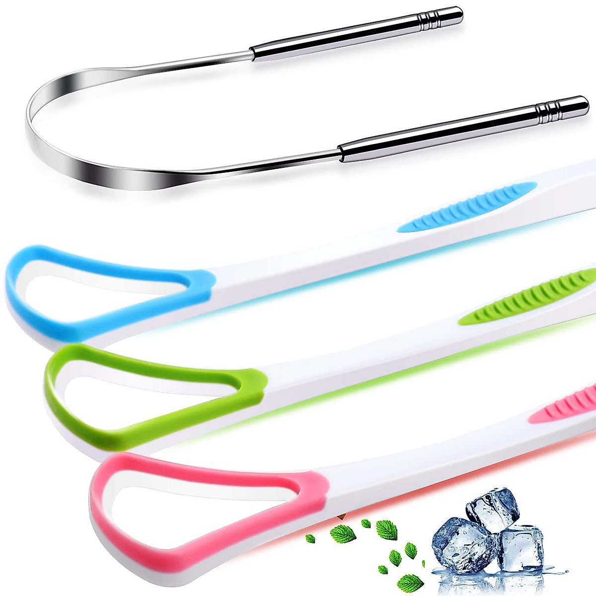 4pcs Tongue Scraper, Tongue Cleaners (1 pcs Stainless Steel, Red Blue Green silicone tounge scrappers), Reduce Bad Breath (Medical Grade), 100% BPA Free Metal Tongue Scrapers Fresh Breath fastly