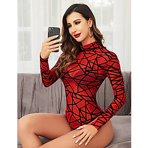Avidlove Bodysuits for Going Out Women Halloween Tops Lace Mesh Geo Print Shirt Party Night Outfits Red