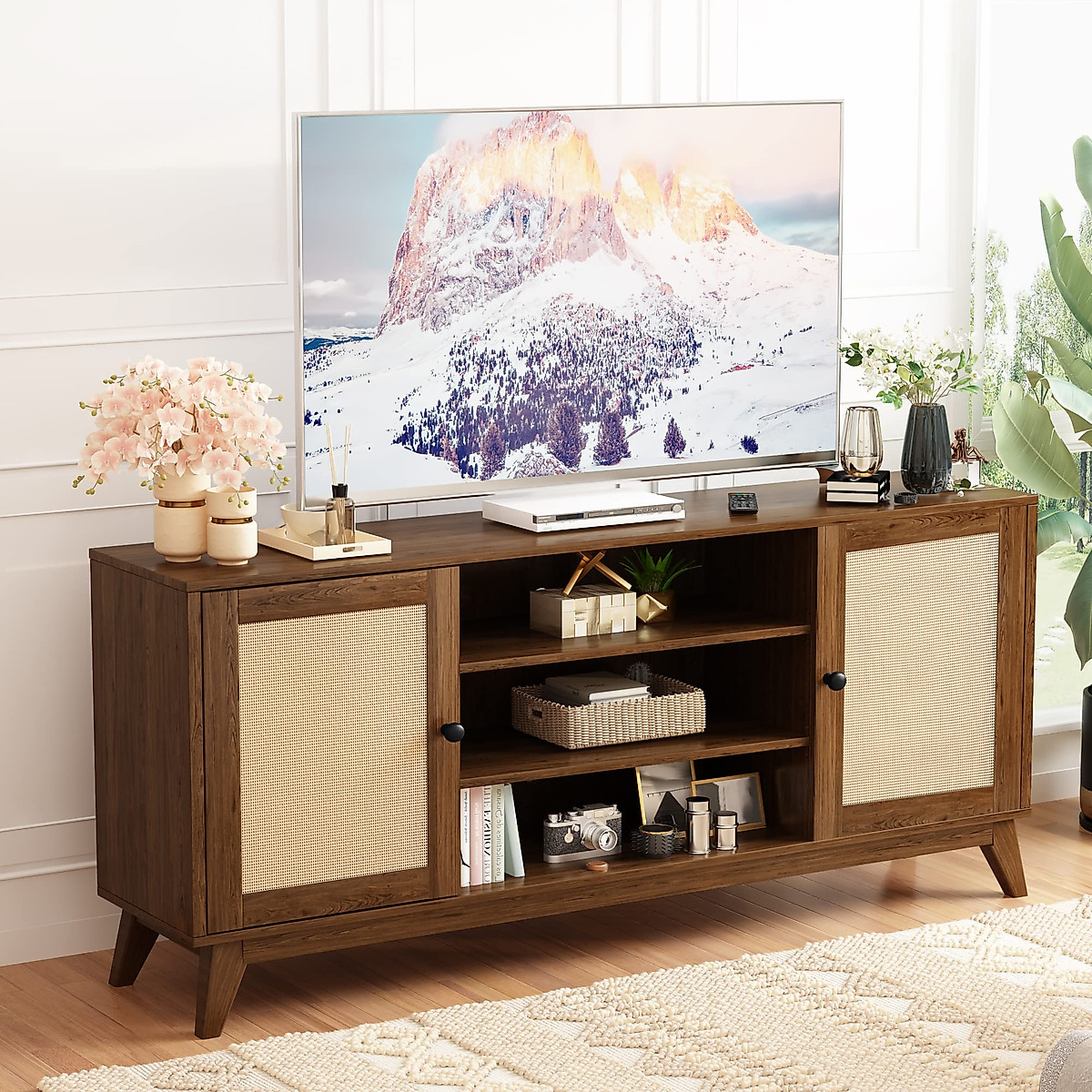 AWQM Rattan TV Stand for 65 Inch TV, TV Console Table with 2 Rattan Doors, Modern Entertainment Center with Storage Cabinet and Open Shelves, for Living Room, Bedroom, Walnut