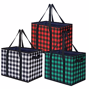 Windyun 3 Pcs Christmas Collapsible Reusable Shopping Box Grocery Bag Set with Reinforced Bottom Large Plaid Holiday Xmas Tote Bags Design Storage Boxes Bins Cubes, 3 Styles