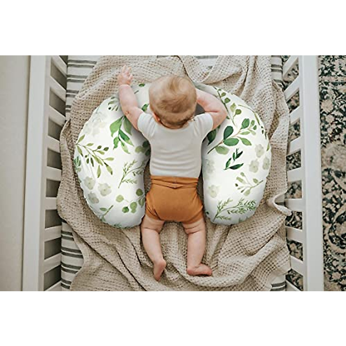 Nursing Pillow Cover, Breastfeeding Pillow Cover, Green Leaf Nursing Pillow Cover, Botanical Breastfeeding Pillow Slipcover, Mint Minky, Boho Green Leaf Nursery Decor, Soft Fits Snug On Infant